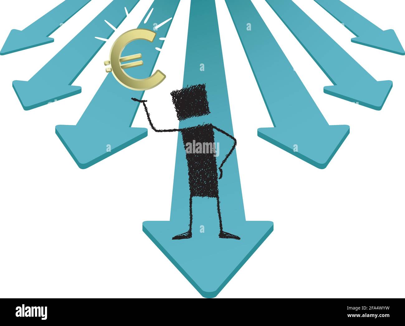 A stick figure standing on an arrow, holding the euro symbol. A ...
