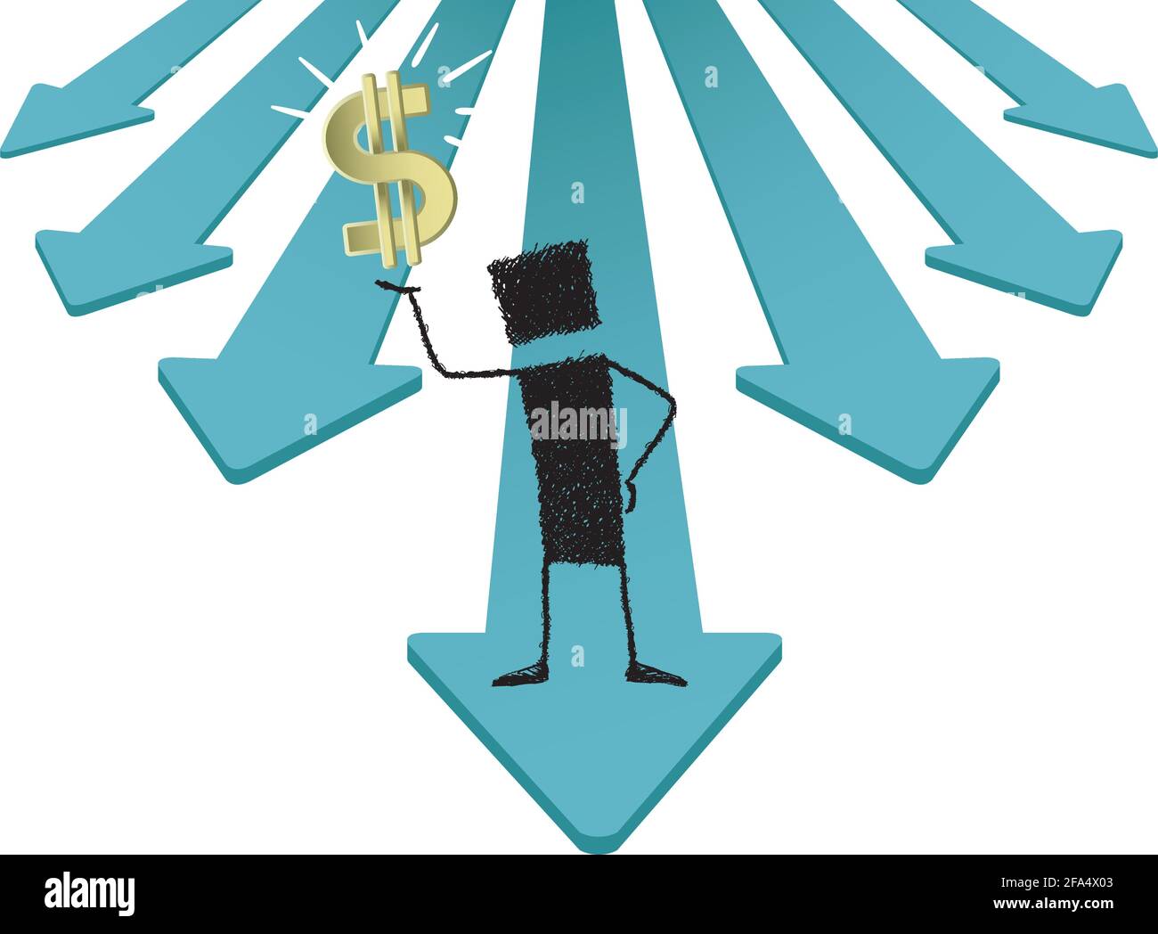 A stick figure standing on an arrow, holding the dollar symbol. A ...