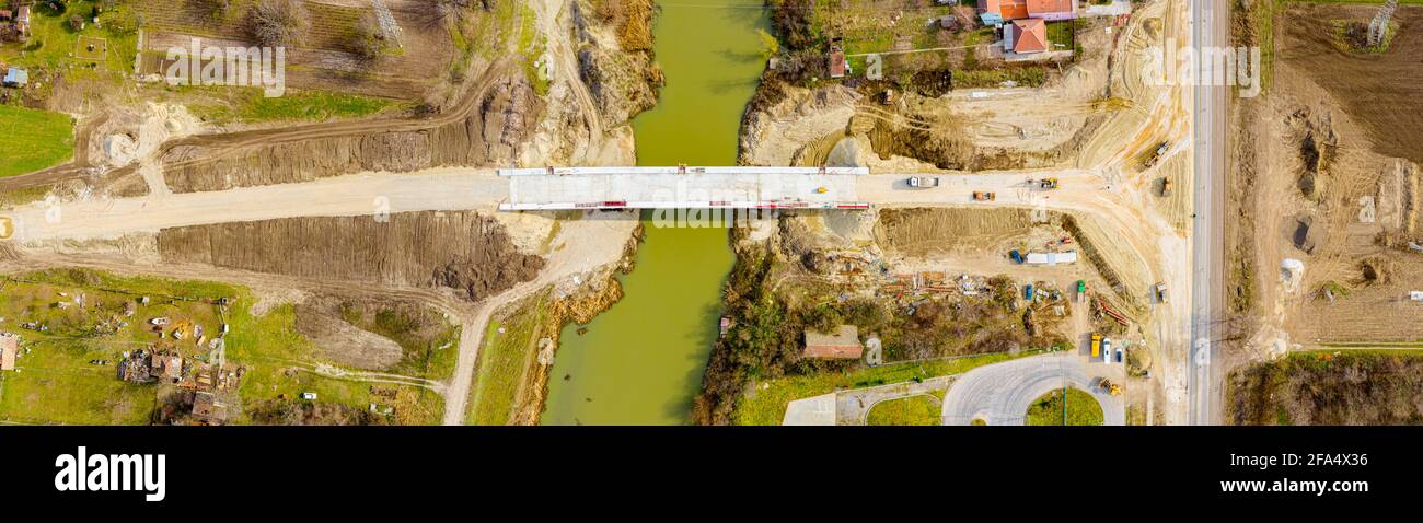 Panoramic above top view, overhead, on unfinished bridge with ...