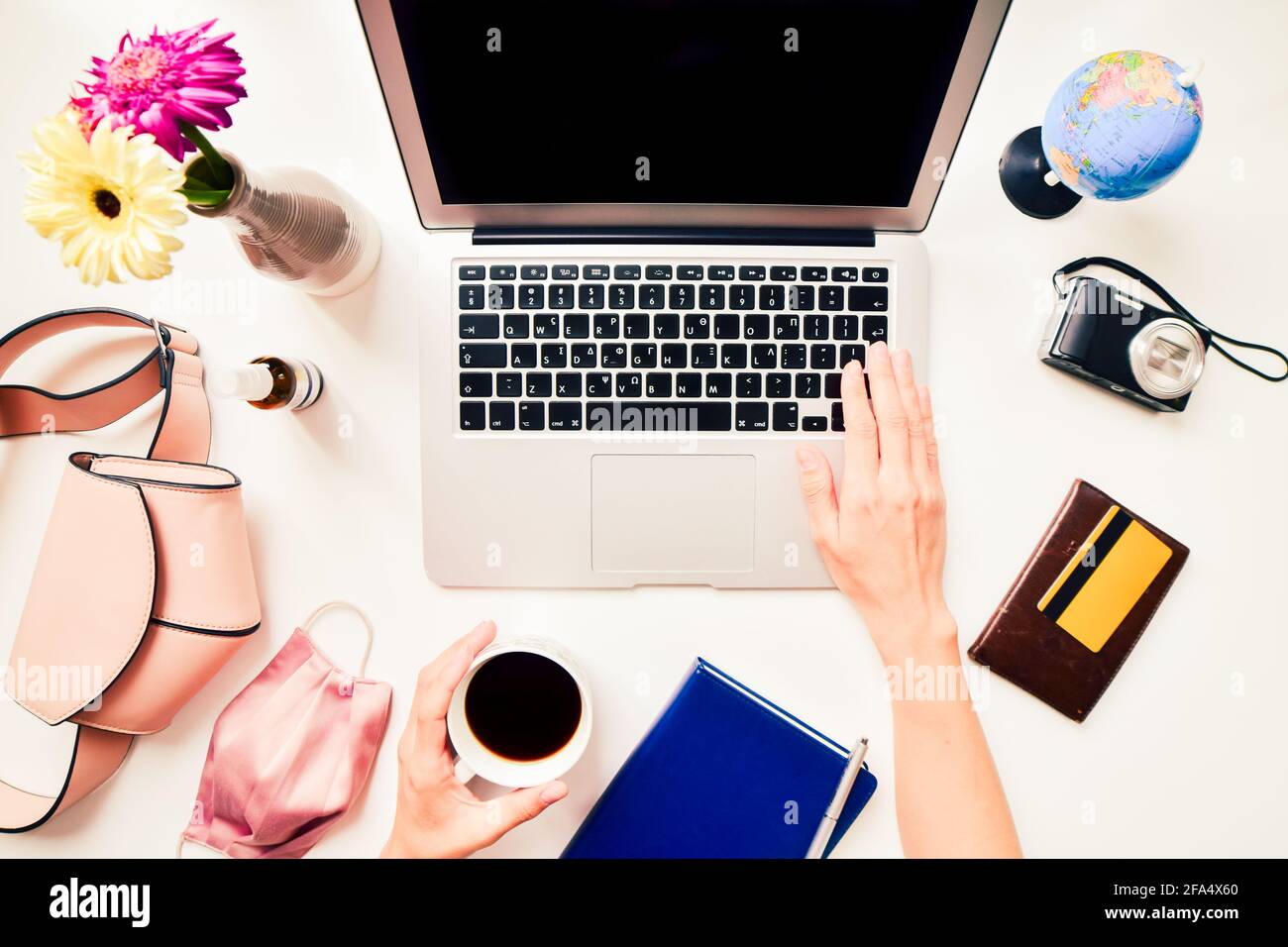 Travel reporter, journalist write blog or newspaper article on laptop ...