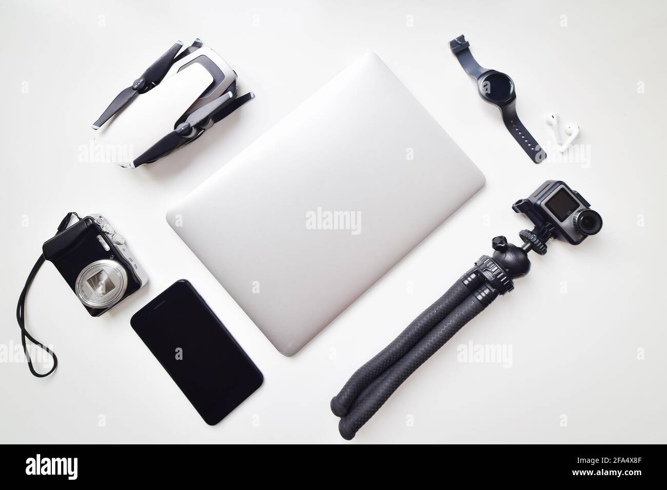 Flat lay daily vlogging lightweight gadget travel set up isolated on ...