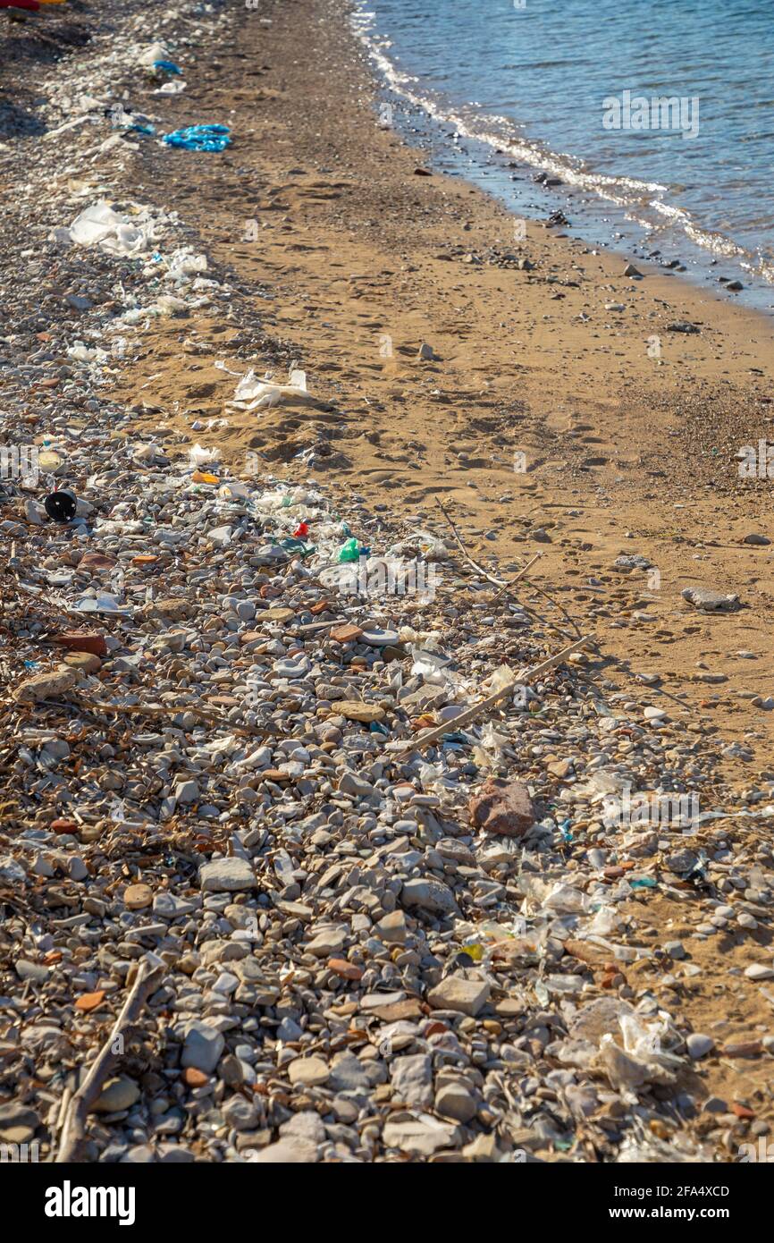 Beach polluted with plastic garbage due to sea currents, Vis island ...
