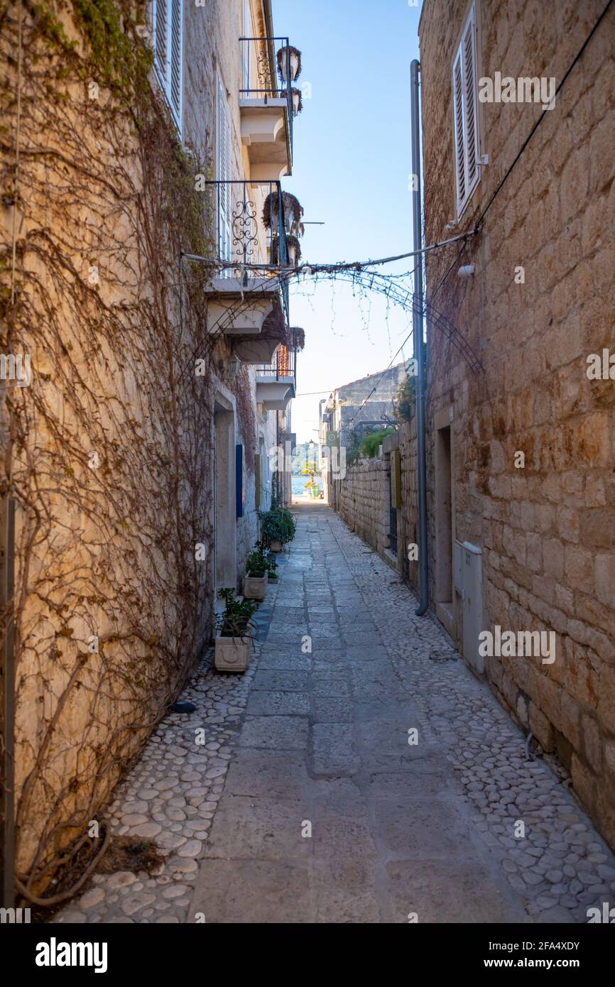 Mediterranean street of town Vis without tourists. Yachtind destination ...