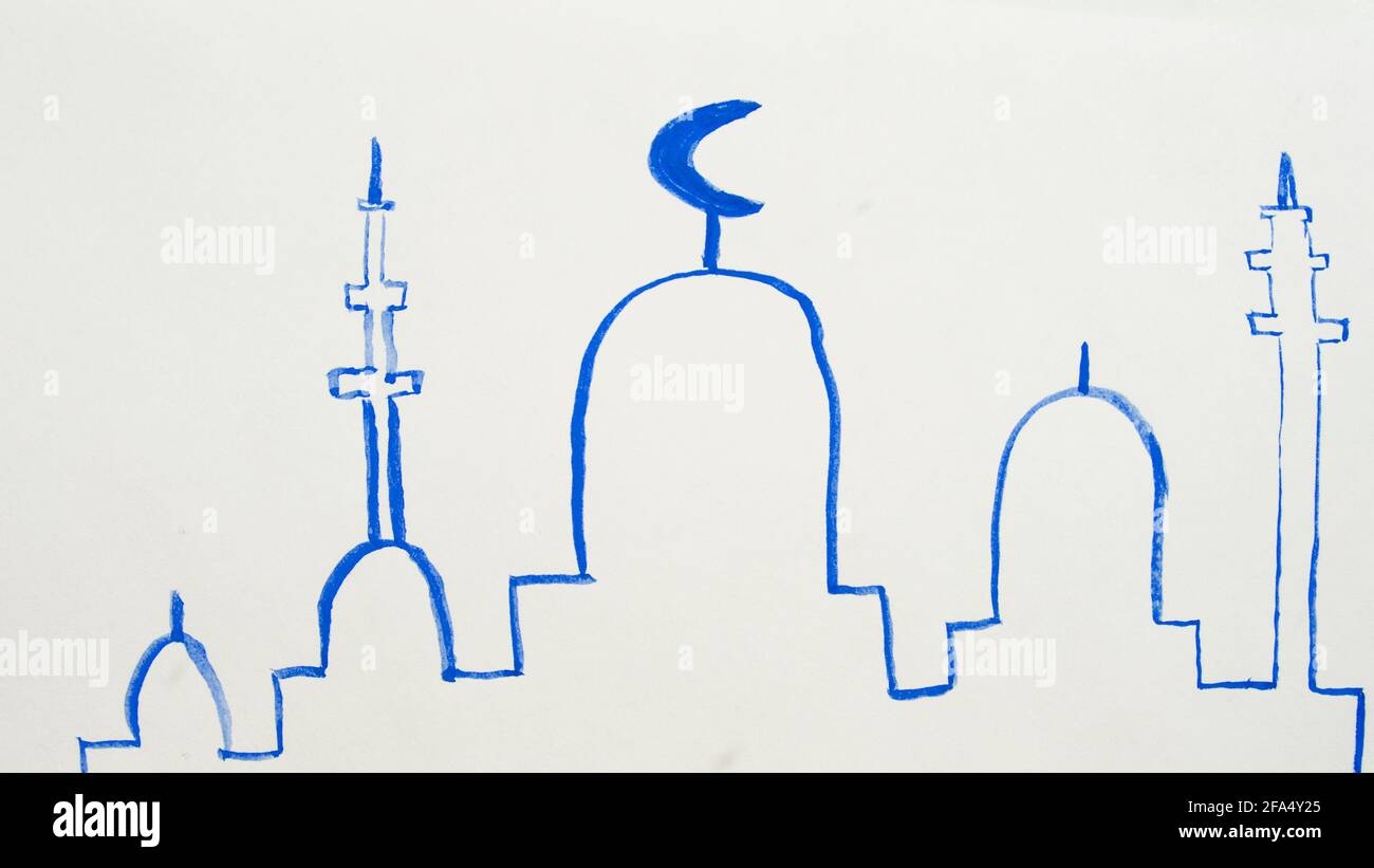 Watercolor drawing silhouette of a mosque, minarets simple children's ...