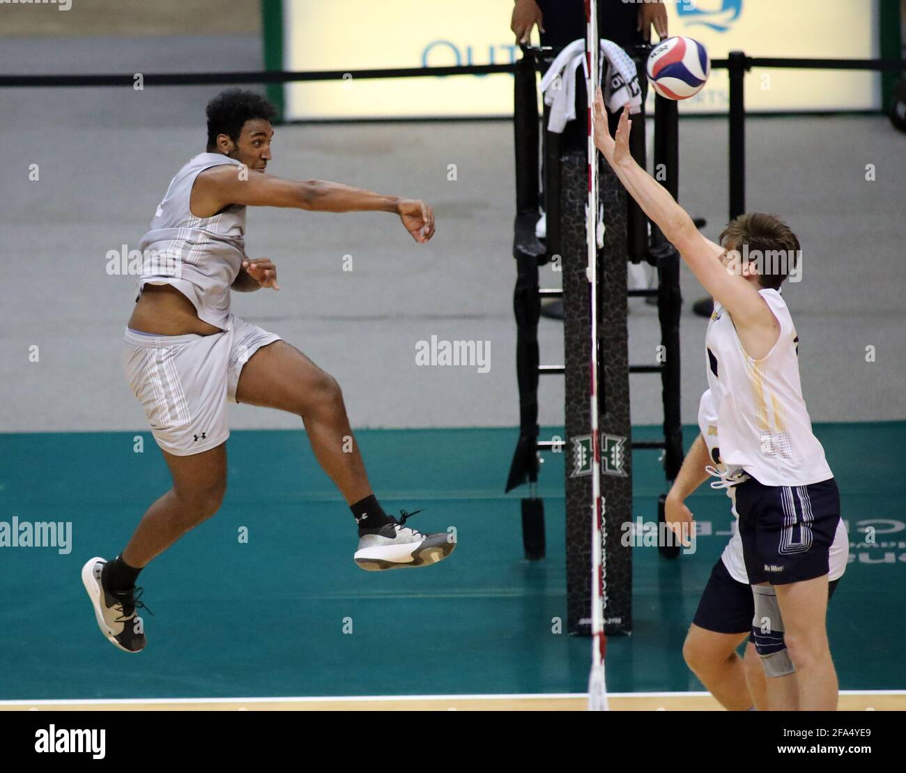 April 22, 2021 - CSUN Matadors middle blocker Cole Chea #14 gets a kill ...