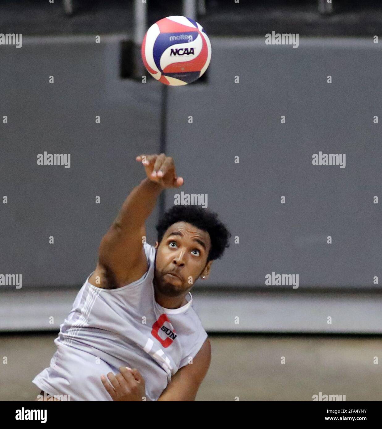 April 22, 2021 - CSUN Matadors middle blocker Cole Chea #14 serves ...