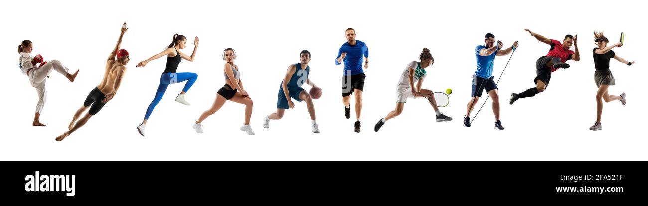 Collage of different professional sportsmen, fit people in action and ...