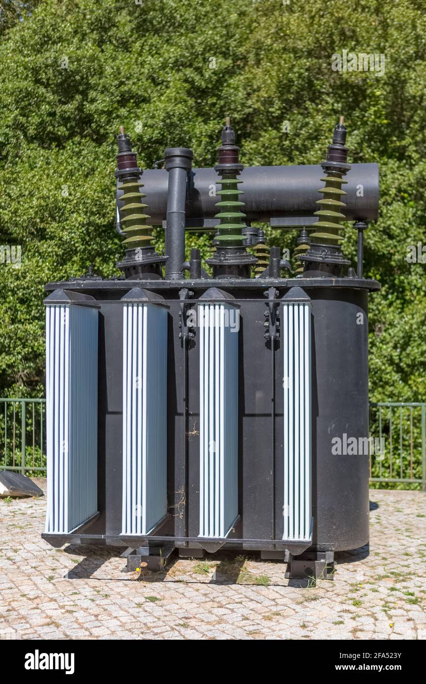 View of a classic electric energy transformer, used with industrial ...