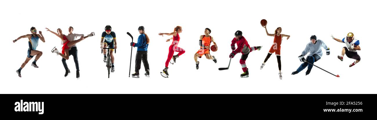 Collage of 9 different professional sportsmen, fit people in action and ...