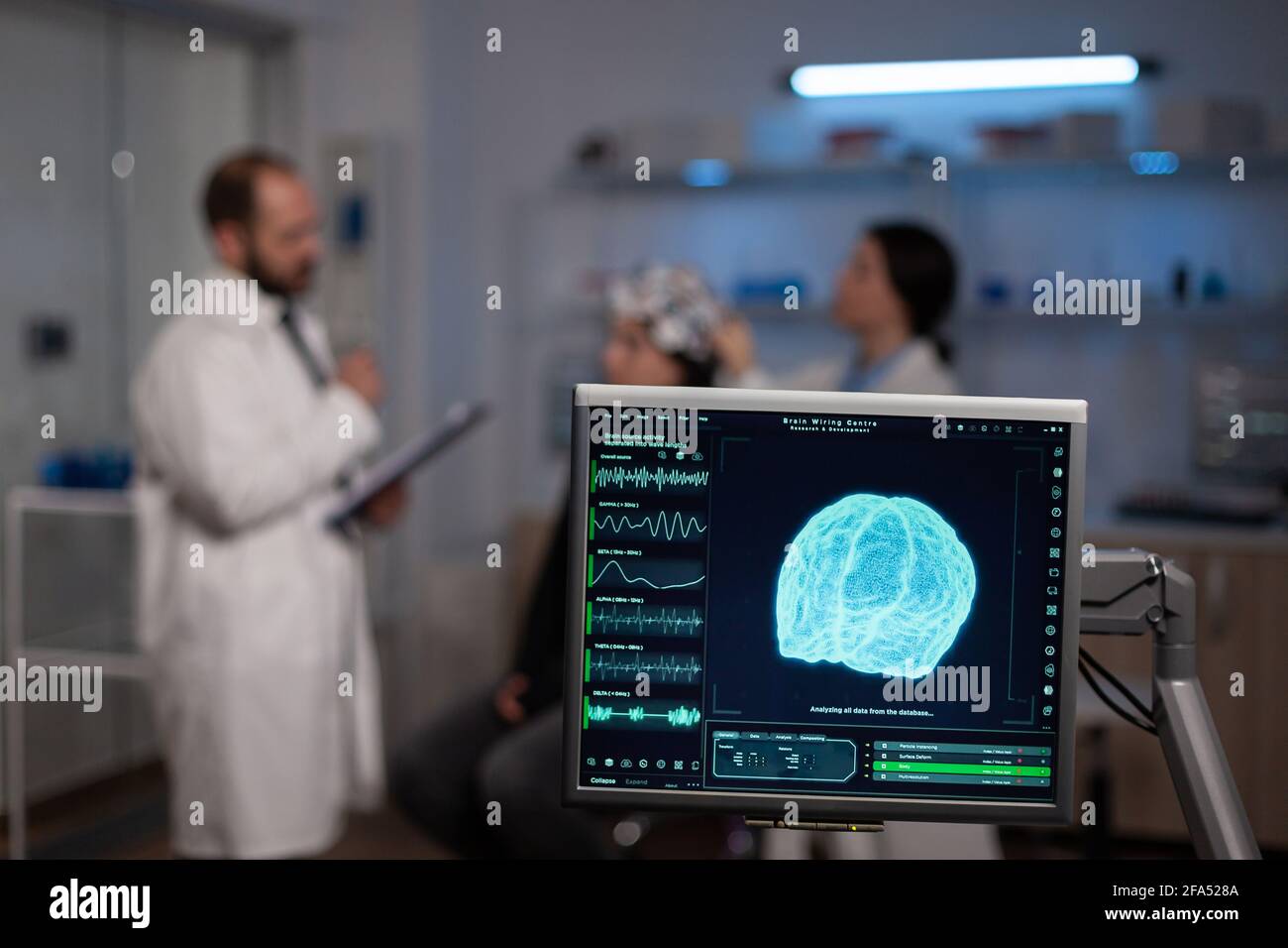 Neuroscience doctor holding clipboard showing treatment against brain ...