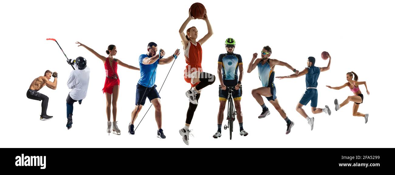Collage of different 8 professional sportsmen, fit people in action and ...