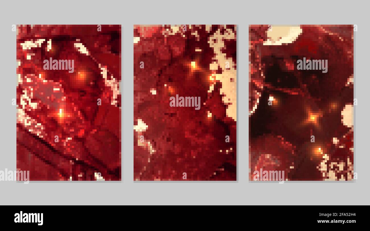 Set of marble patterns. Bright red and gold geode textures with glitter ...