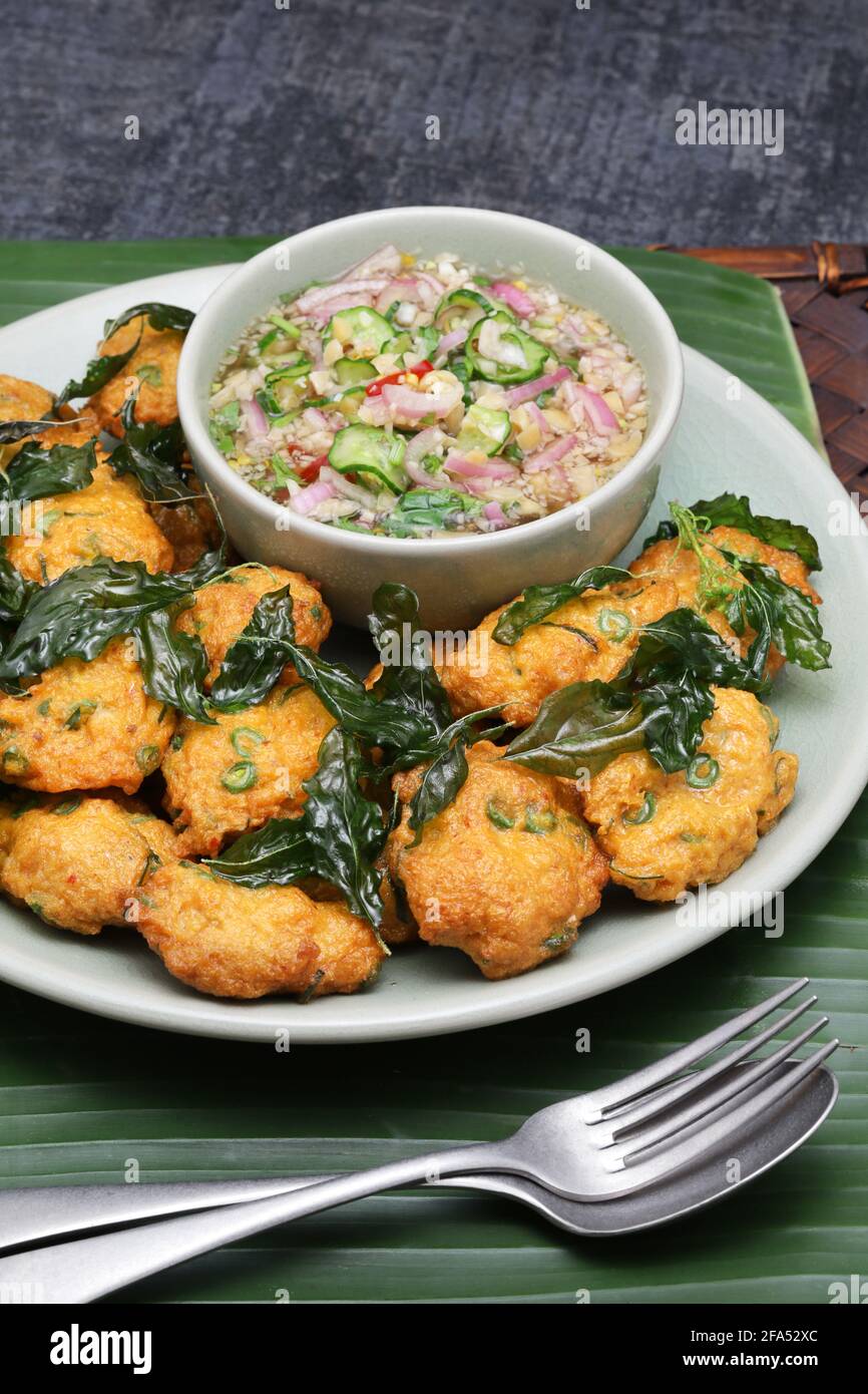 tod man pla, Thai fried fish cakes Stock Photo - Alamy
