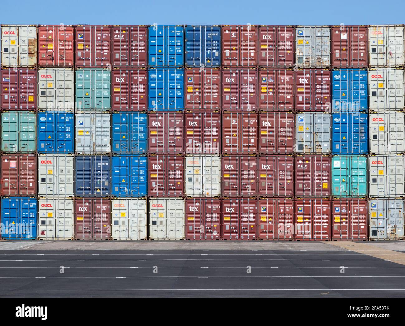 Containers stacked up Port of Felixstowe, Suffolk, England, UK busiest ...