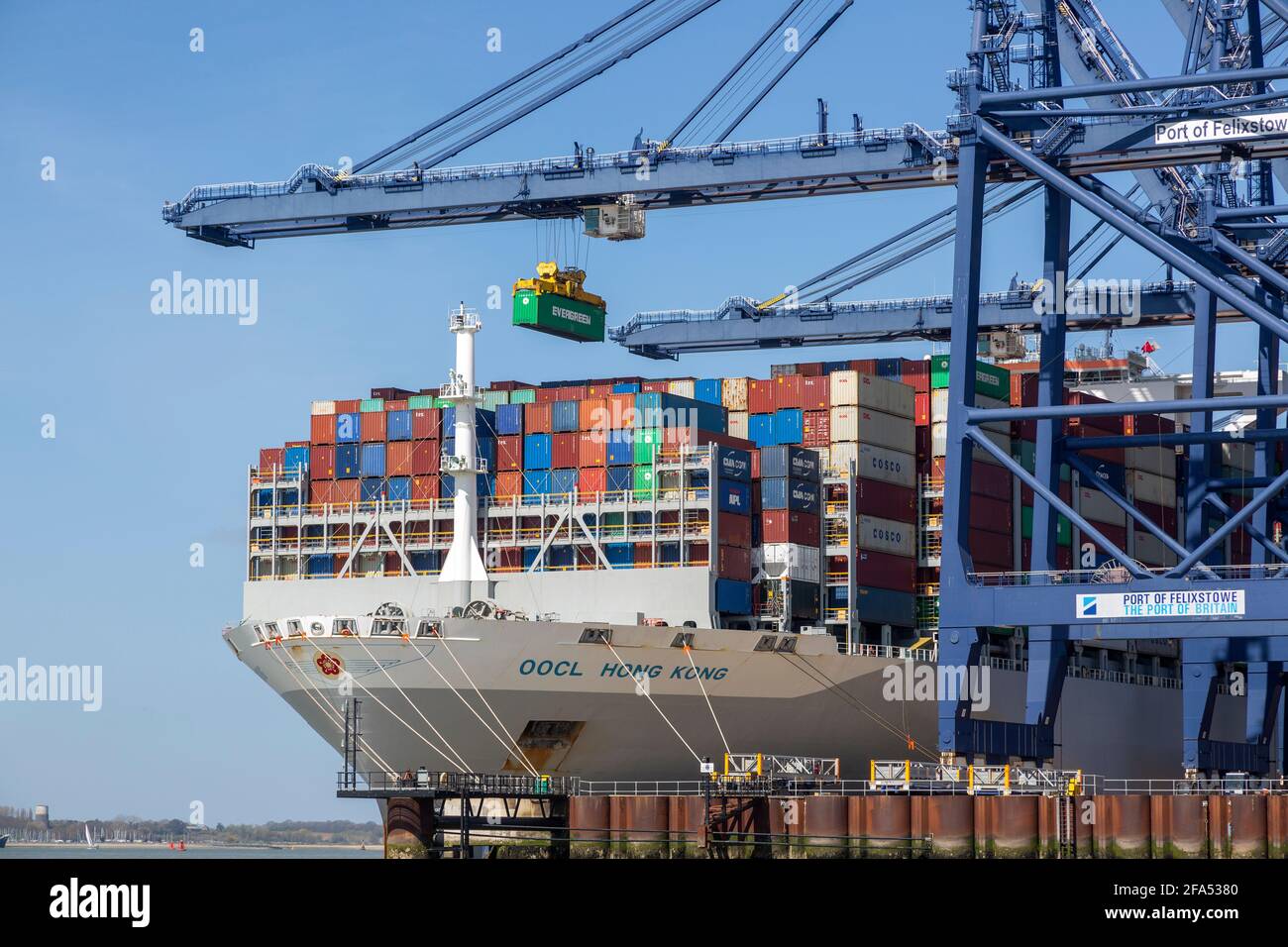 OOCL Hong Kong container ship cranes unloading, Port of Felixstowe ...