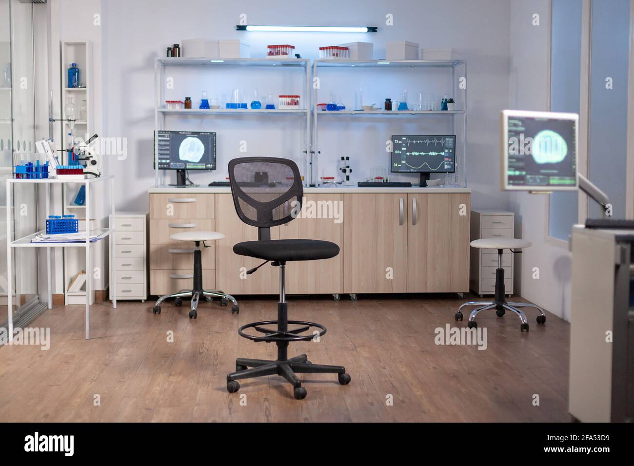 Empty laboratory modernly equipped with nobody in it, prepared for ...