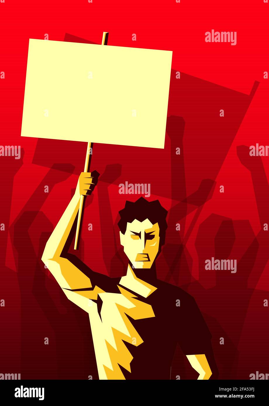 Angry man raised up placard with copy space, and silhouette of crowd of ...