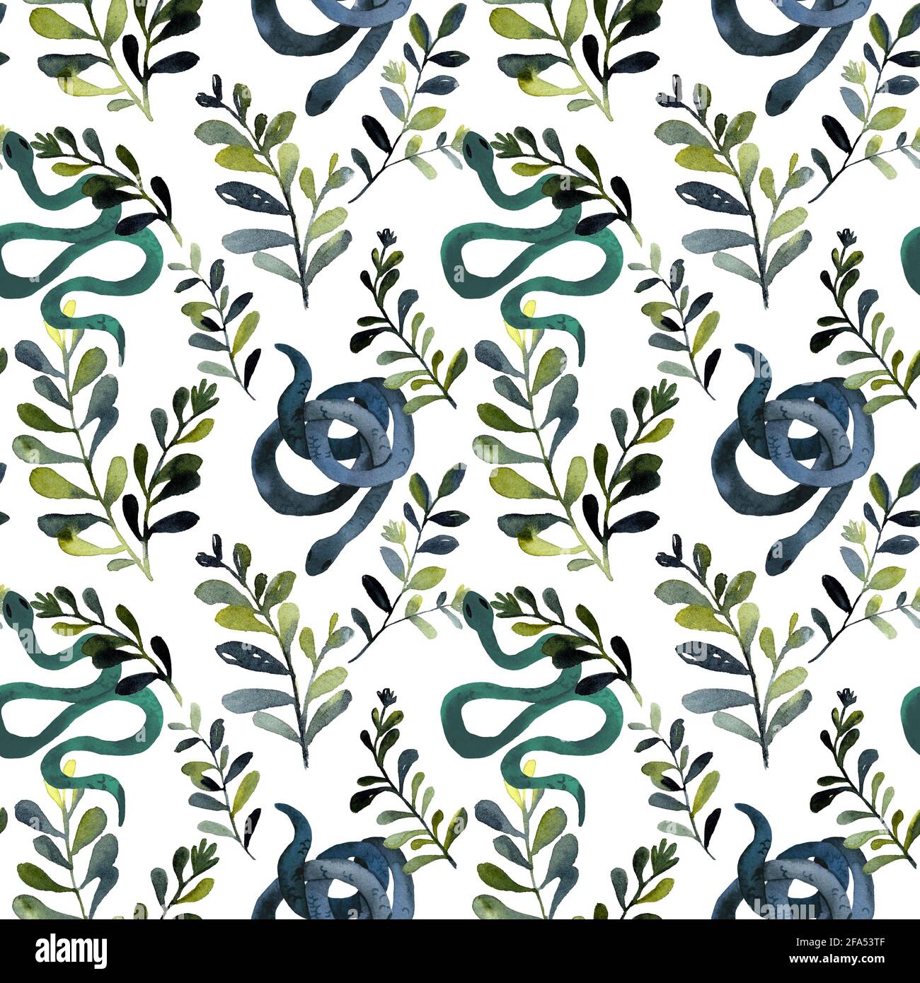 Watercolor hand drawn seamless pattern with snakes in grass. Snake lies ...