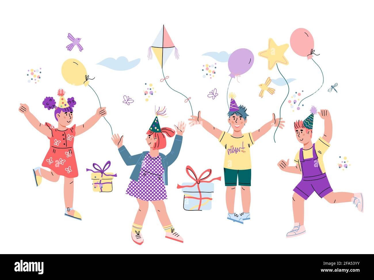 Kids birthday party banner with cute children cartoon characters, flat ...