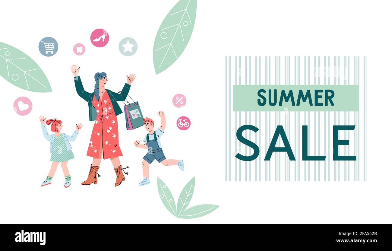 Summer sale web banner with cute family characters, cartoon vector ...