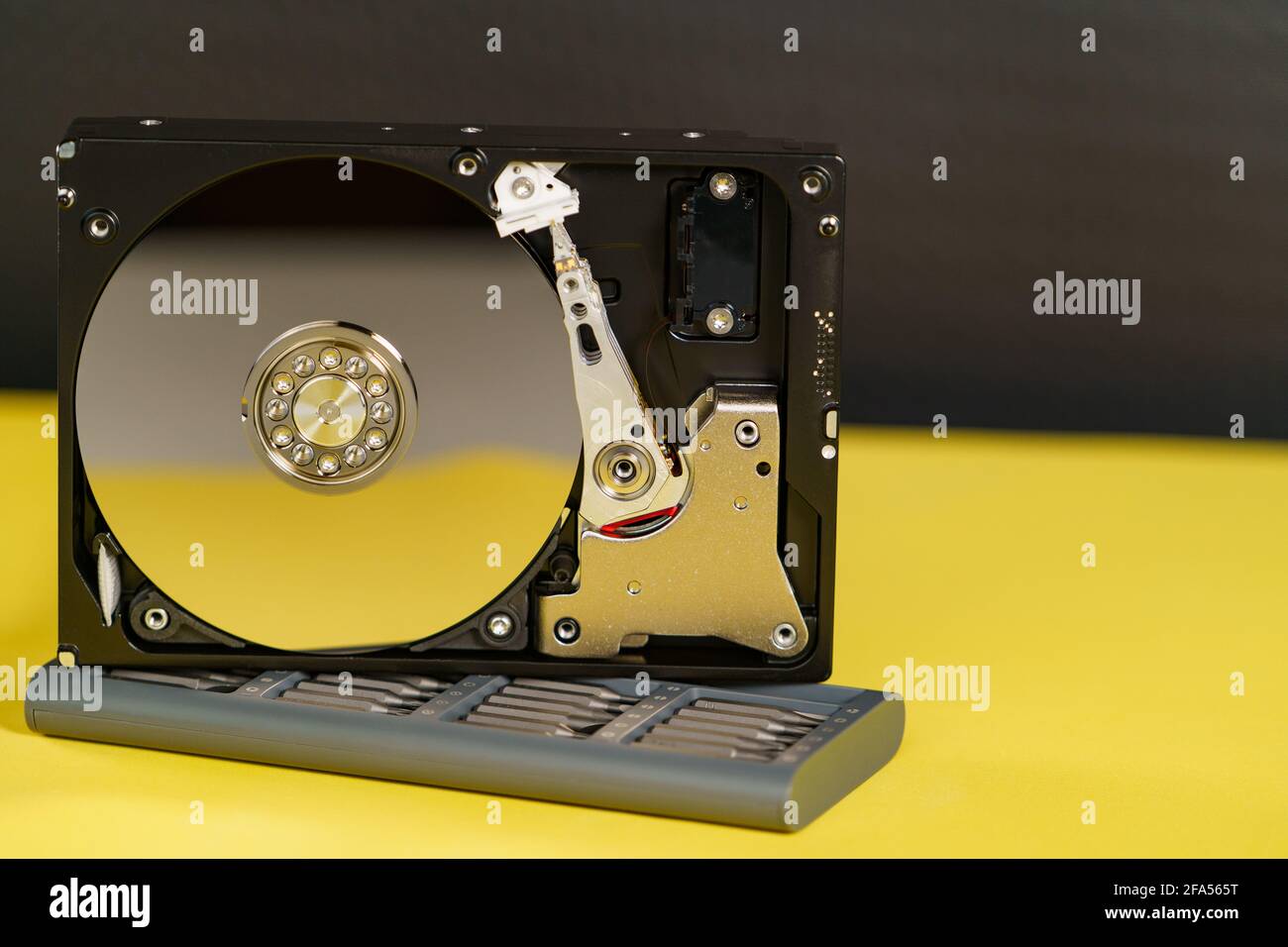 hdd disk with screwdriver repair kit on yellow black background Stock ...