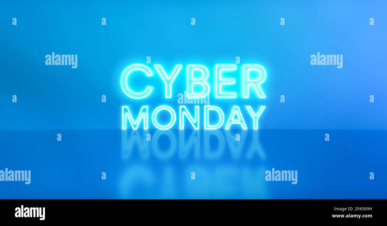 Cyber monday neon sign on blue studio background. Glowing white and ...
