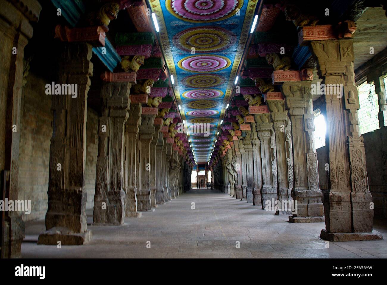 Vast stone-pillared corridor with painted roof at Meenakshi Temple in ...