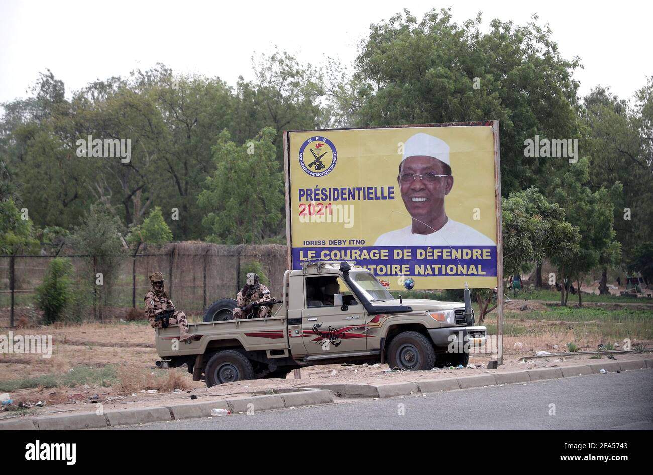 N'Djamena, Chad, 23 April 2021: Chadian soldiers sit in a parked ...