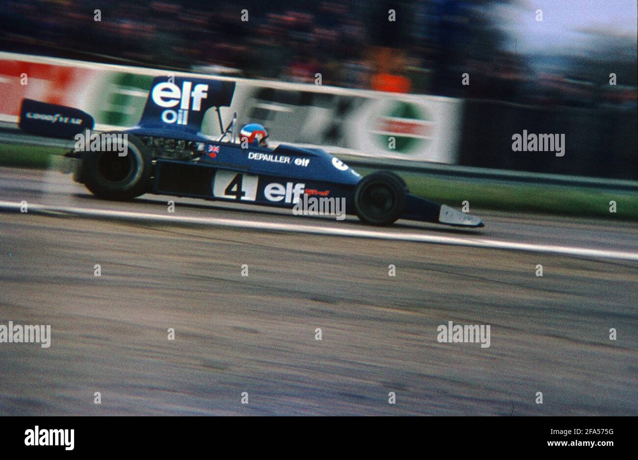 The Elf Tyrrell 007 of Patrick Depailler during practice for the 1975 ...
