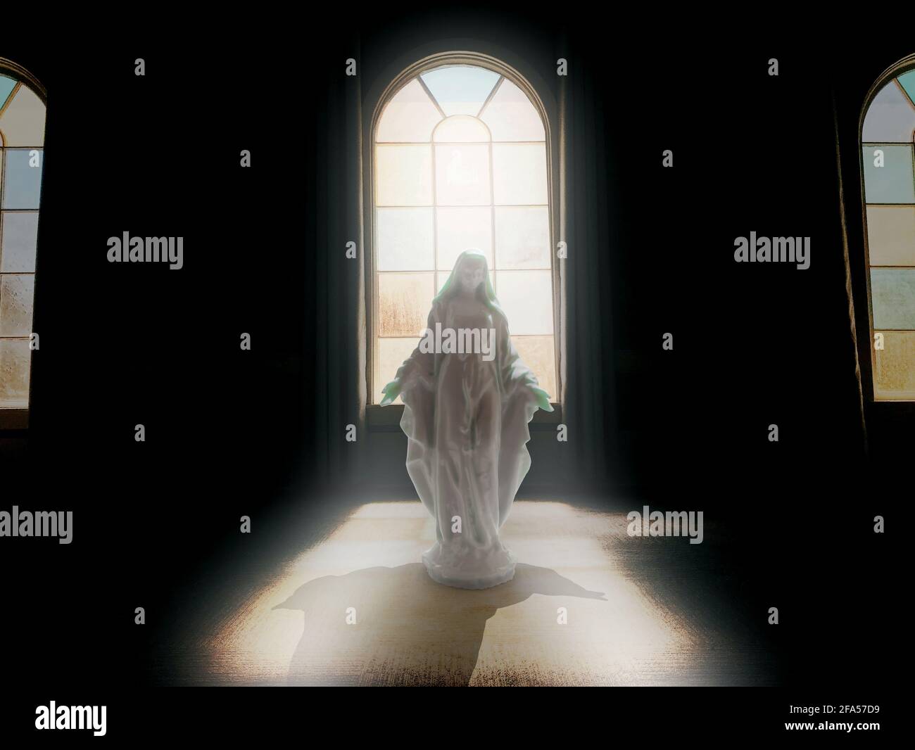 Virgin Mary statue in front of a big window 3d illustration Stock Photo ...