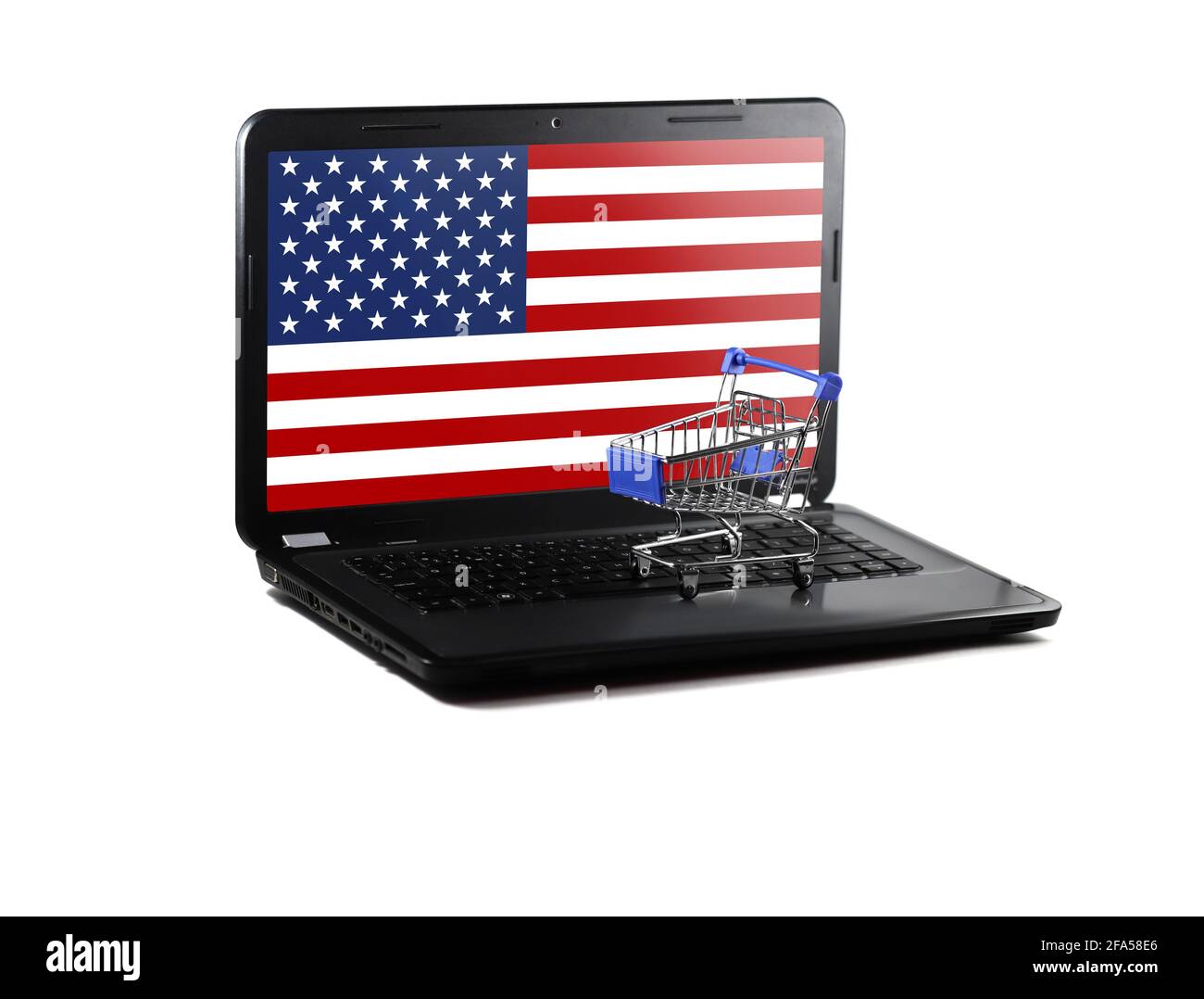 Isolated on white background laptop with America flag on display ...