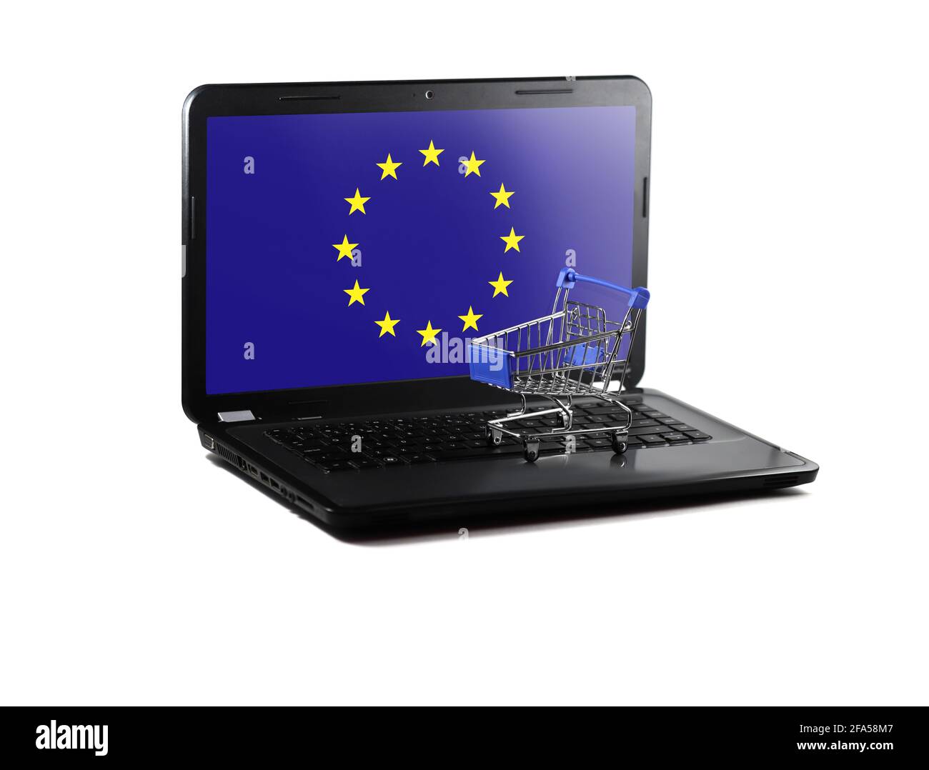 Isolated on white background laptop with European Union flag on display ...