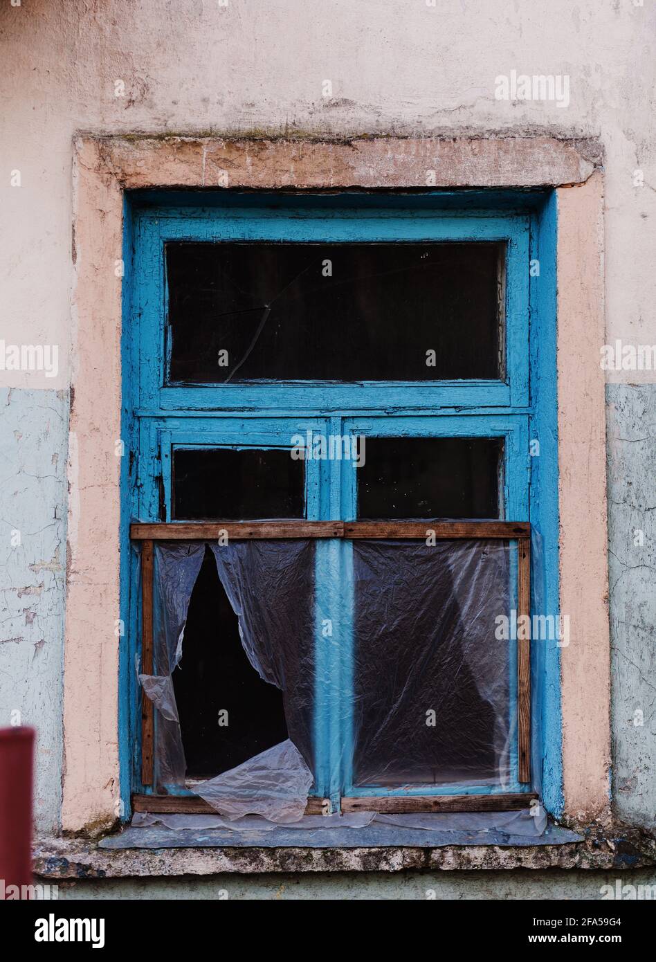 old rustic windows. blue frame with broken glass Stock Photo - Alamy