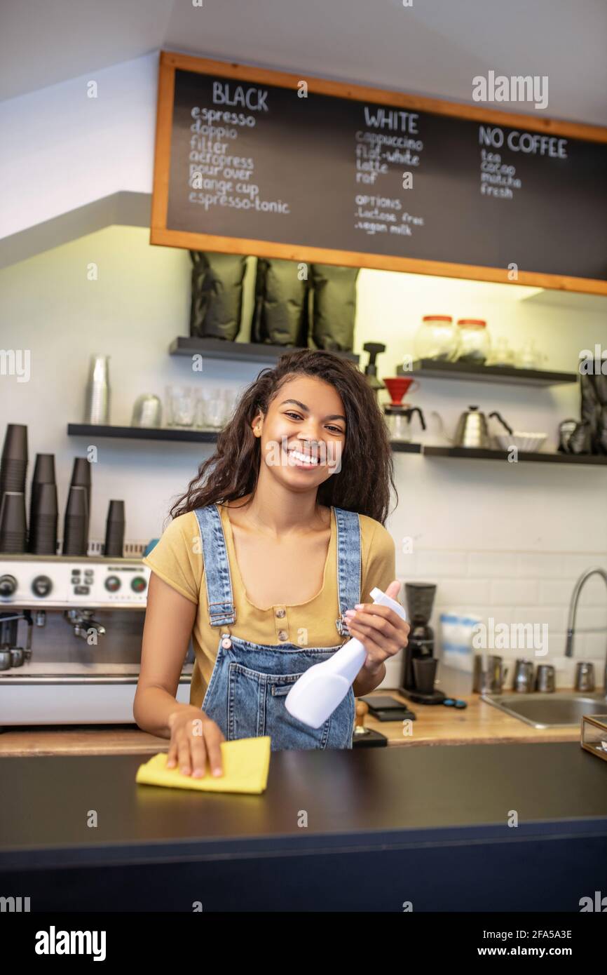 Pretty woman wiping bar counter in coffee house Stock Photo - Alamy