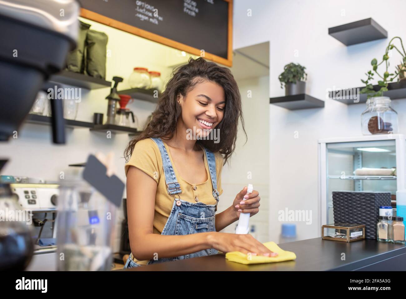 Involved laughing woman wiping the bar counter Stock Photo - Alamy