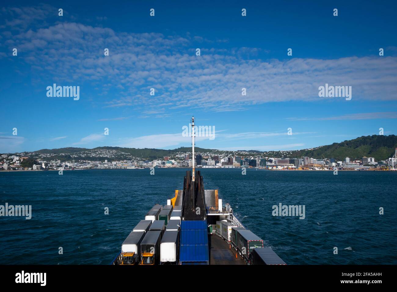 Trucks on the Bluebridge Cook Strait ferry in Wellington harbour, North ...