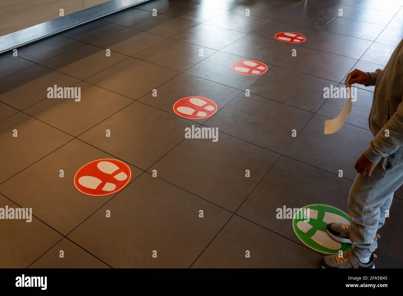 social distancing signs in cafe, safety protocol in public place, red ...