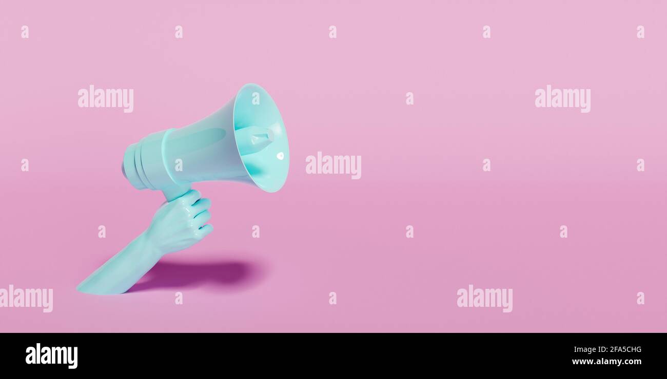 hand holding a blue megaphone with space for text Stock Photo - Alamy