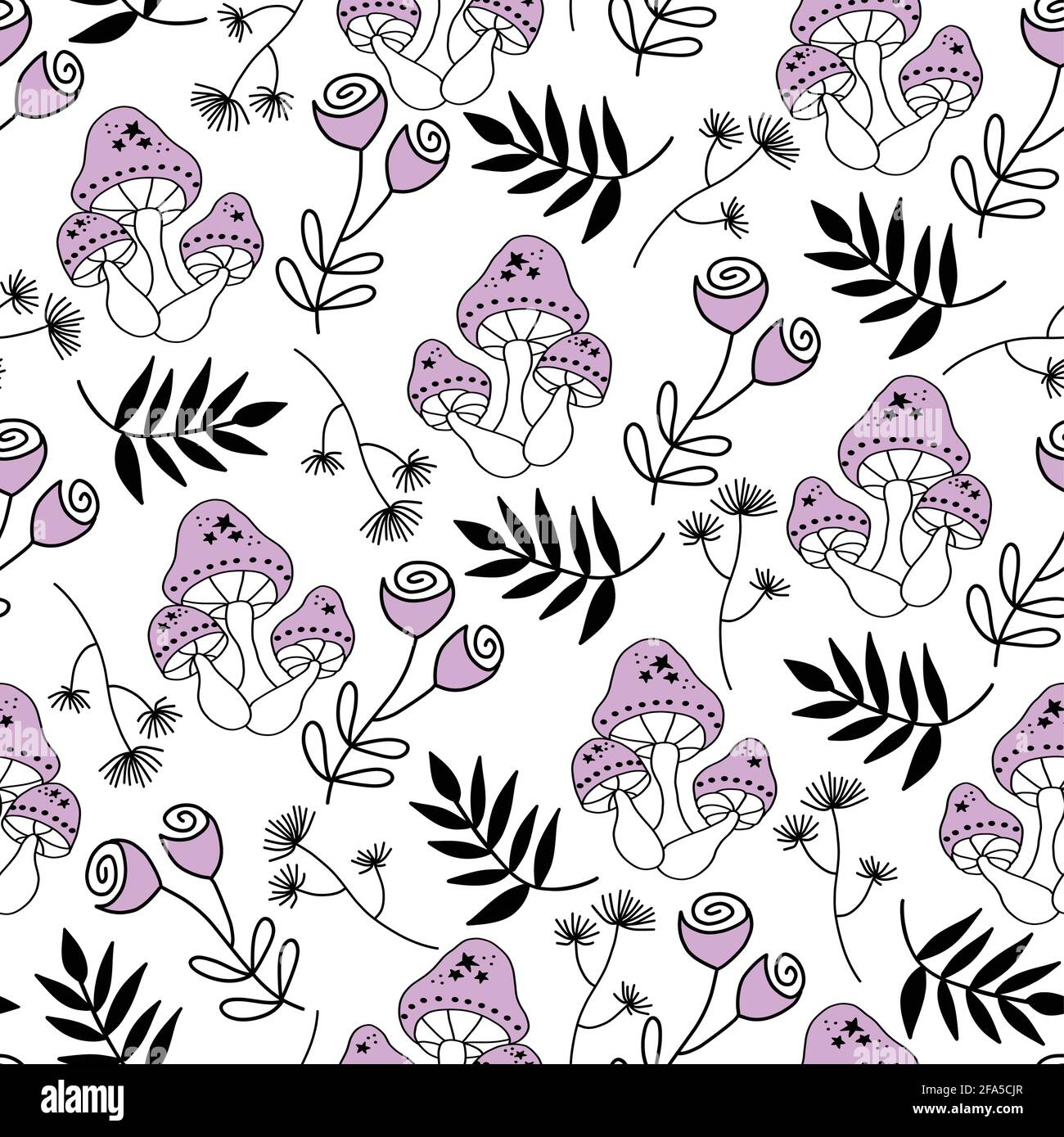 Seamless vector repeat pattern mushroom fungi flowers and leaves. Line ...