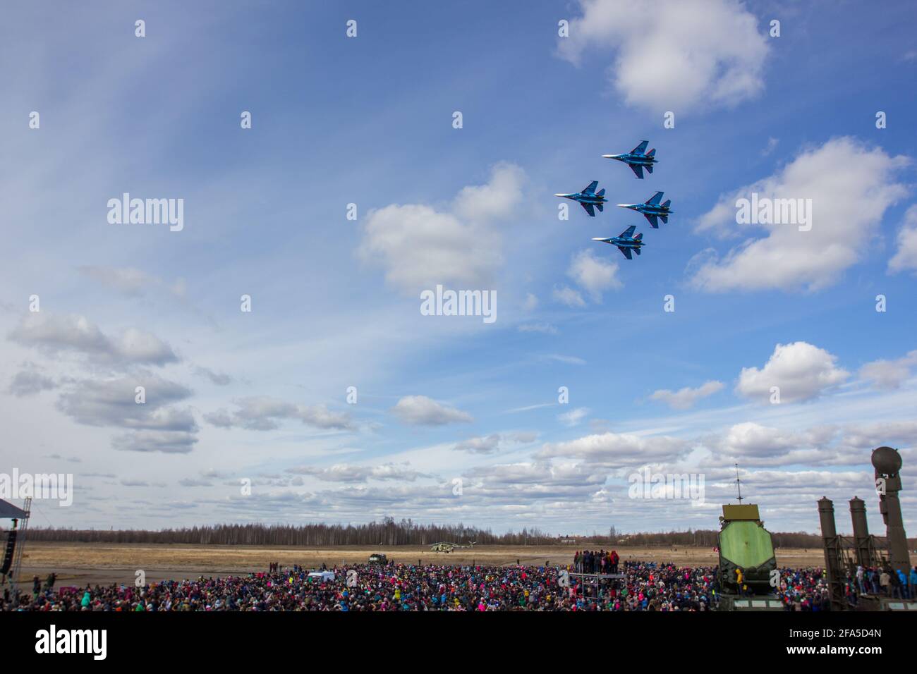 four jet planes are flying in a tight formation. dangerous aerobatics ...