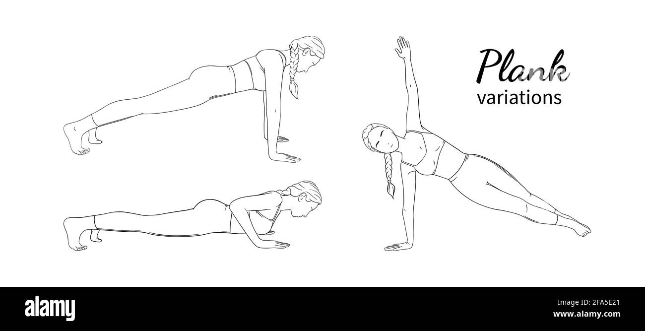 Woman in plank poses. Exercising woman practising plank pose variations ...