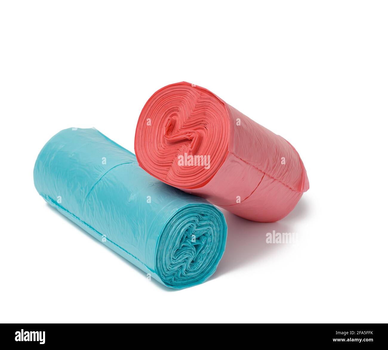 blue and red polyethylene trash can bag rolls isolated on white ...