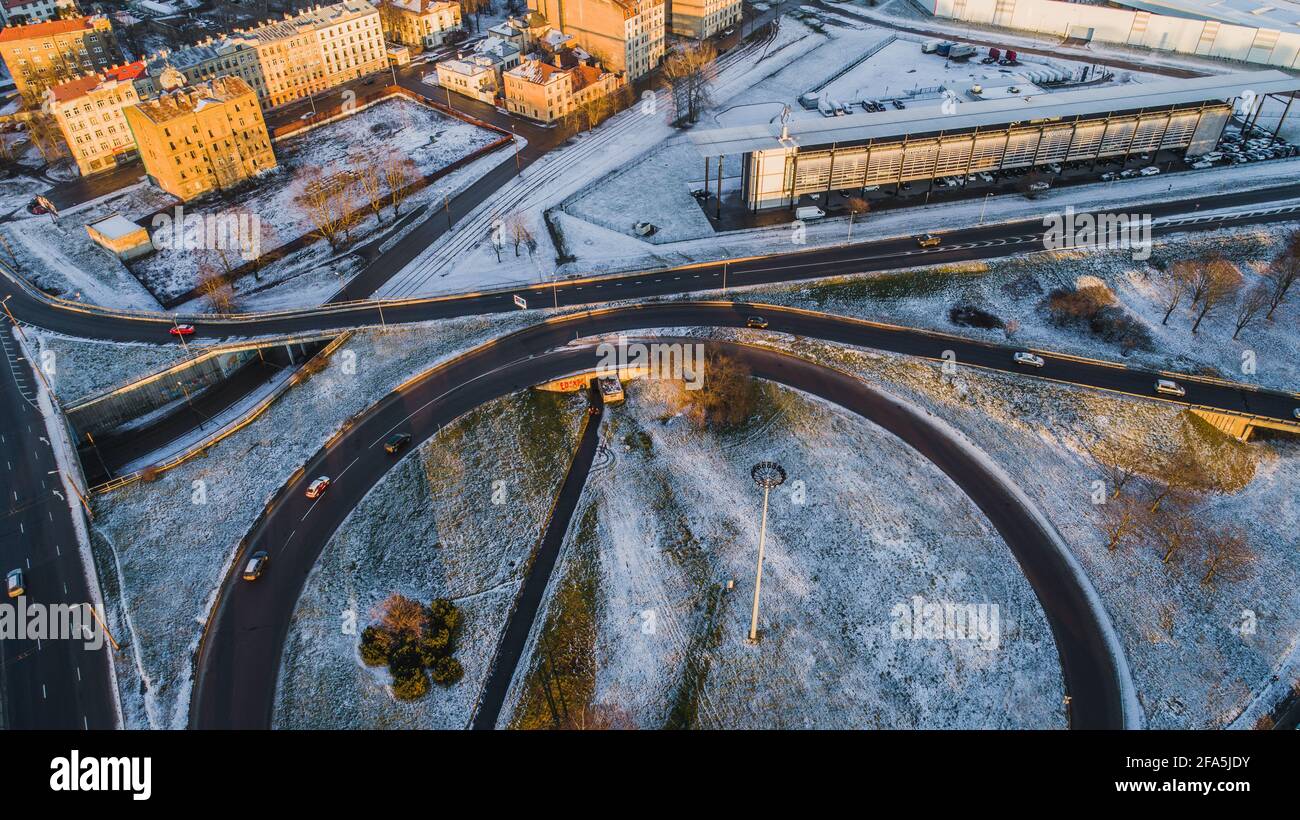 Aerial view of Riga elevated road junction and interchange overpass at wintertime Stock Photo ...