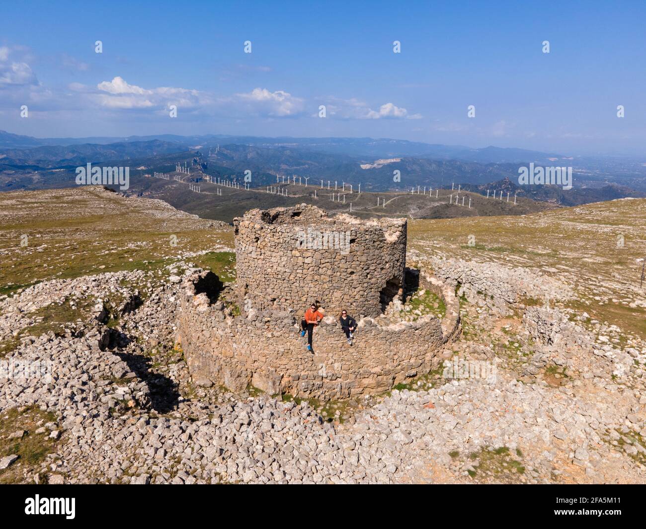 Aerial view of the ruins of an old stone castle on top of a hill Stock ...