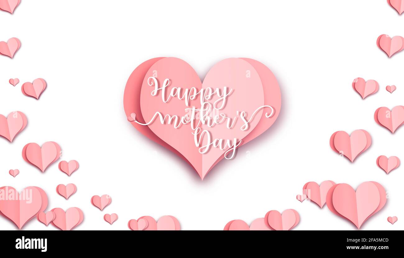Mother's day postcard with paper heart flying elements on white ...