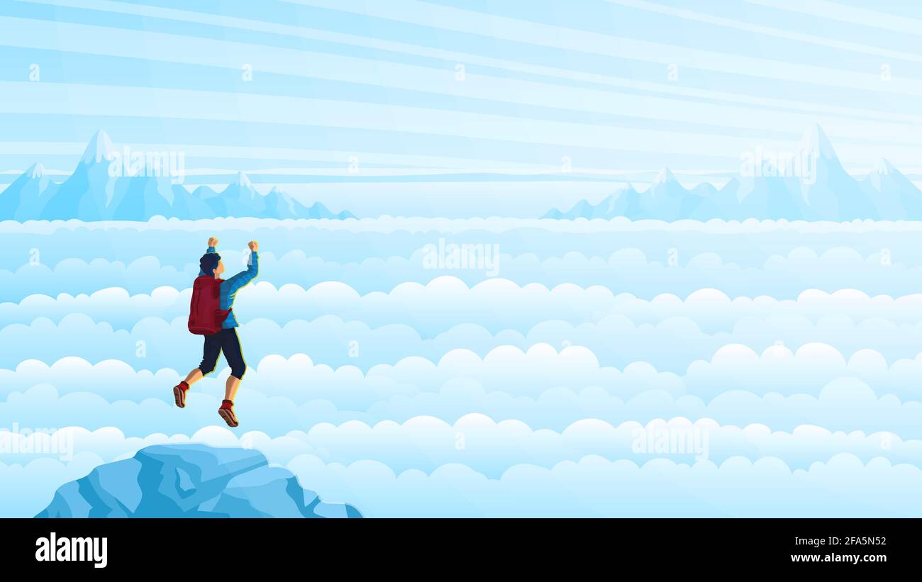 Travelers who reach their destination. Jump with joy in success Stock ...