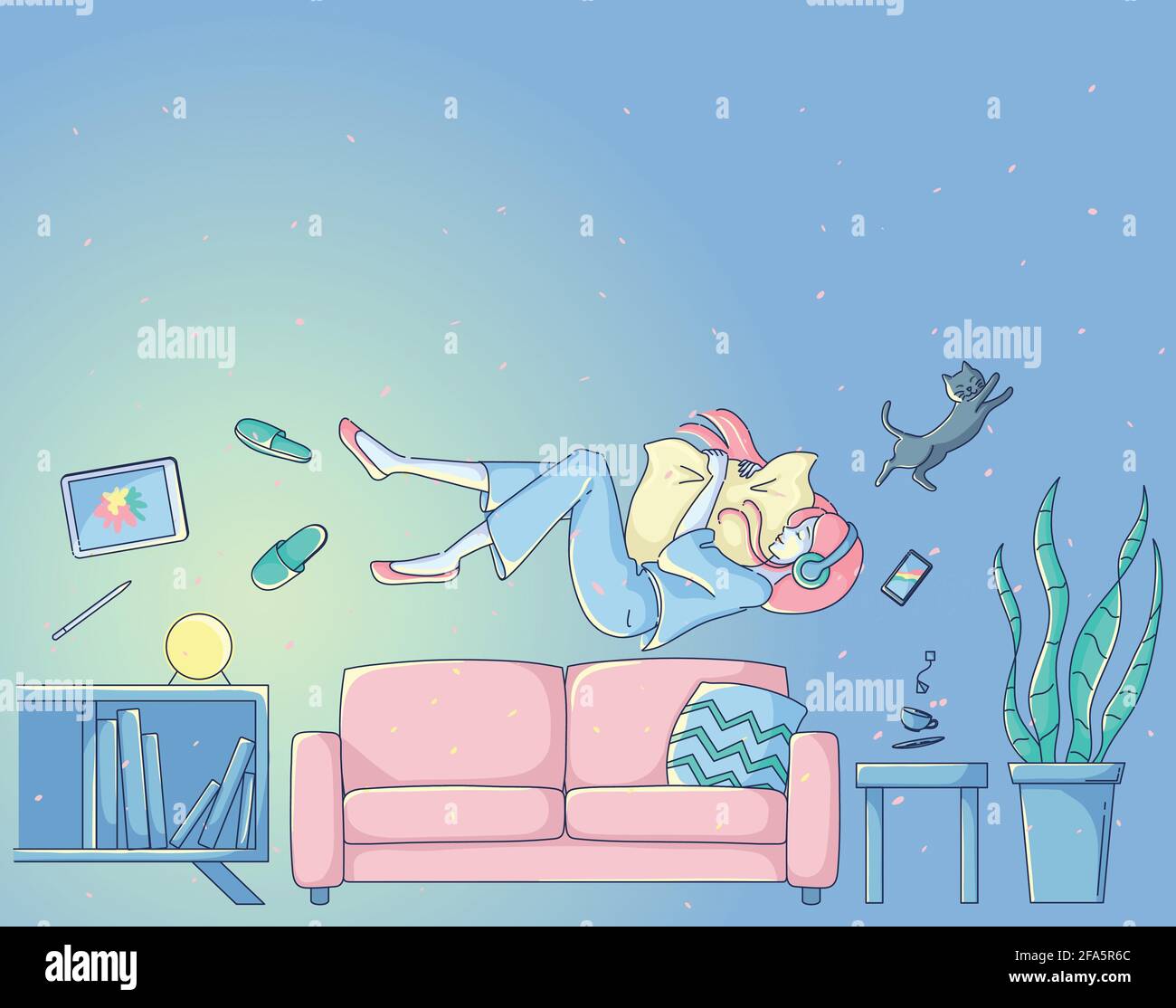 A woman flying while sleeping on the sofa in her room at night. stay ...