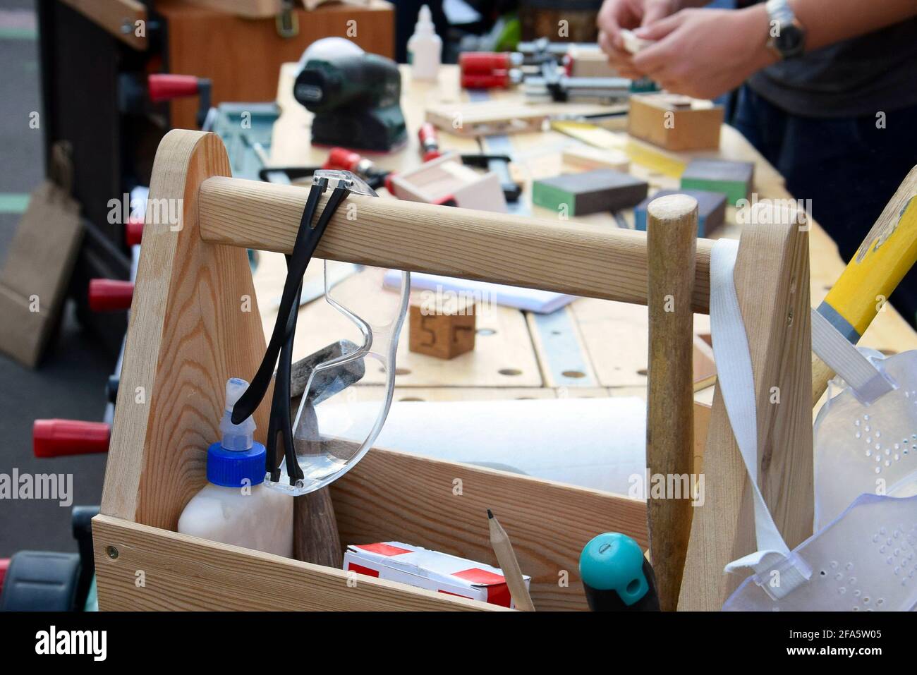 Wood workshop. Master class in carpentry training. Tools and carpenter ...