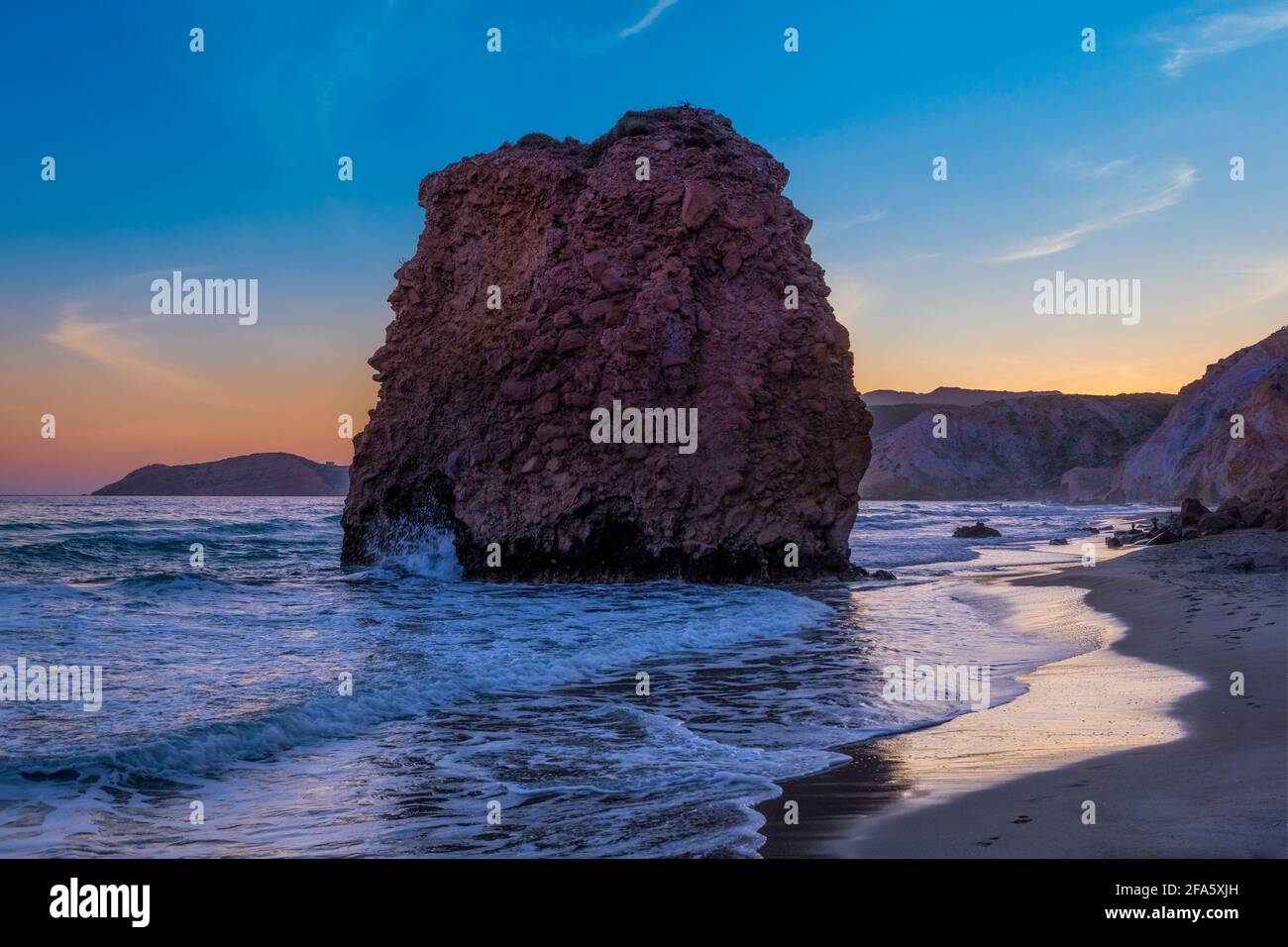 Fyriplaka beach on sunset, Milos island, Cyclades, Greece Stock Photo ...