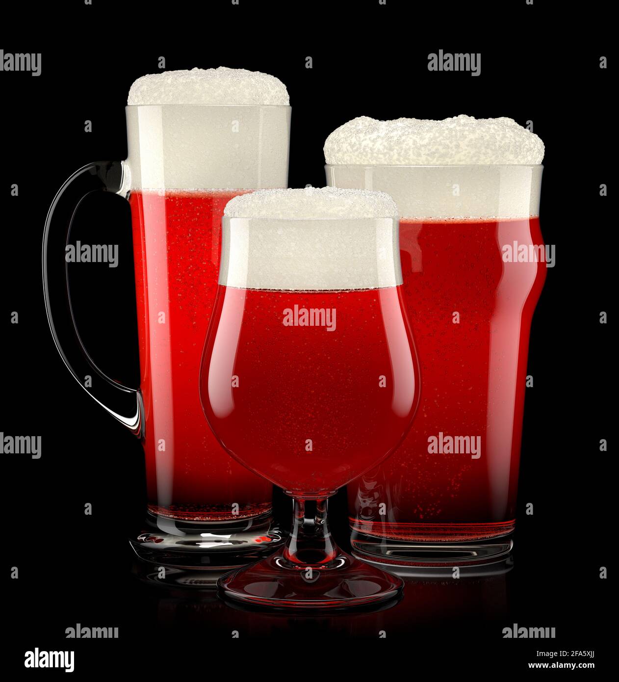 Set of fresh draft beer glasses with bubble froth isolated on black ...